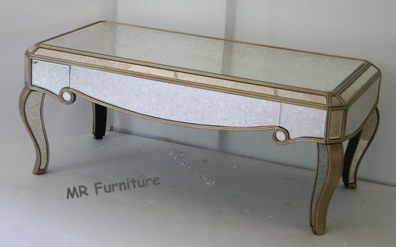 China Antique Mirror Couch Table , Rectangle Gold And Mirror Coffee Table Wood Leg supplier