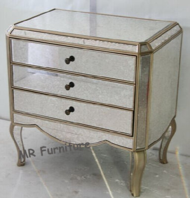 China Vintage Mirrored 3 Drawer Bedside Table , Wooden Mirrored Chest Nightstand supplier