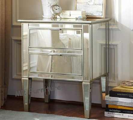China Hotel Mirrored Nightstand In Bedroom , CE Two Drawer Mirrored Bedside Table supplier