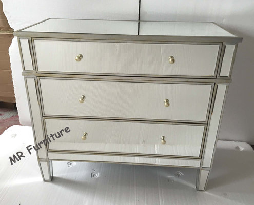 China 3 Drawers Silver Mirrored Nightstand , Bedroom Mirrored Glass Bedside Table supplier