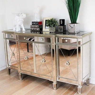 China Gold / Silver Mirror Furniture Set 4 Doors Mirrored Dresser Sideboard supplier