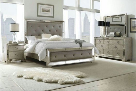 China Wooden Design King Size Mirrored Bed , Dresser Mirrored Bedroom Furniture Set supplier