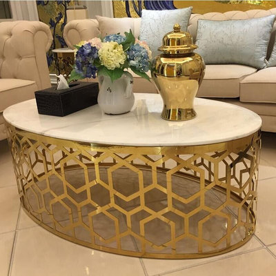 China Luxury Oval Coffee Table Stainless Stain frame Artificial Marble Top for Living Room supplier