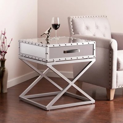 China Rivet style 1 drawer silver mirrored nightstand X base end table corner table for bed room supplier