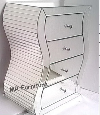 S Shape Silver Mirrored Chest , 4 Drawers Mirrored Bedroom Dresser Wooden Base supplier