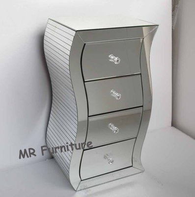 S Shape Silver Mirrored Chest , 4 Drawers Mirrored Bedroom Dresser Wooden Base supplier