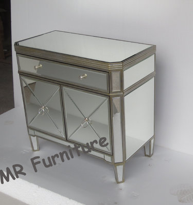 Two Doors Modern Mirrored Nightstand , Gold Color Mirrored Glass Nightstand supplier