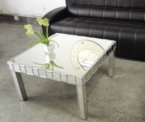 Square Mirrored Coffee Table Silver Wooden Trimming Unique Design supplier