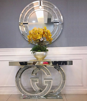 Sparkly silver mirrored console table crushed diamond decorative GG hallway table for living room supplier