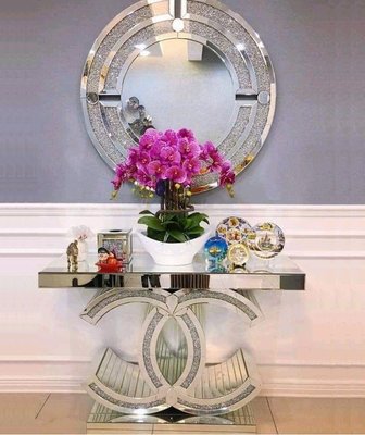 Sparkly silver mirrored console table crushed diamond decorative CC hallway table for living room supplier